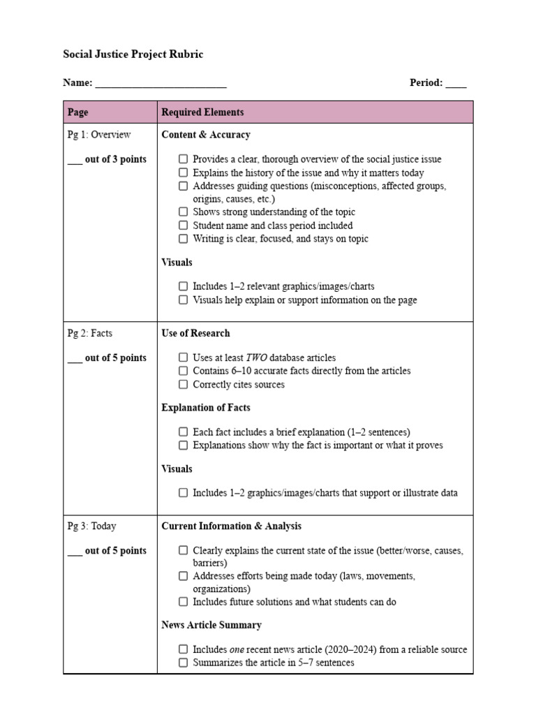 Social Justice Project Evaluation Rubric | PDF | Citation | Graphics
