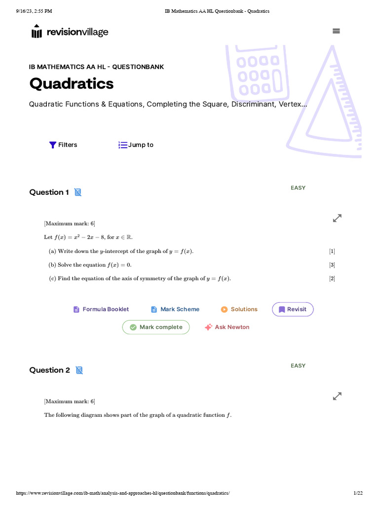 IB Math AA HL Quadratics Questionbank | PDF | Quadratic Equation ...