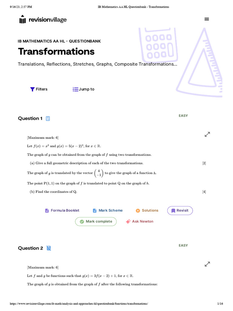 IB Math AA HL Transformations Questionbank | PDF | Mathematical ...