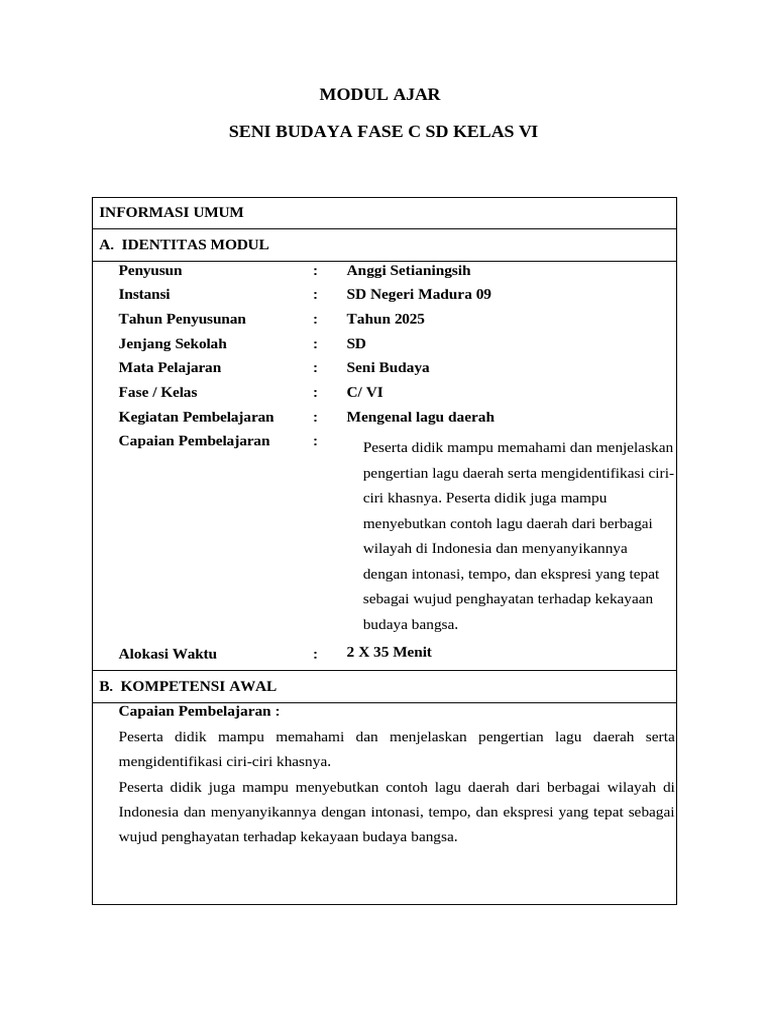 Modul Ajar Mengenal Lagu Daerah | PDF