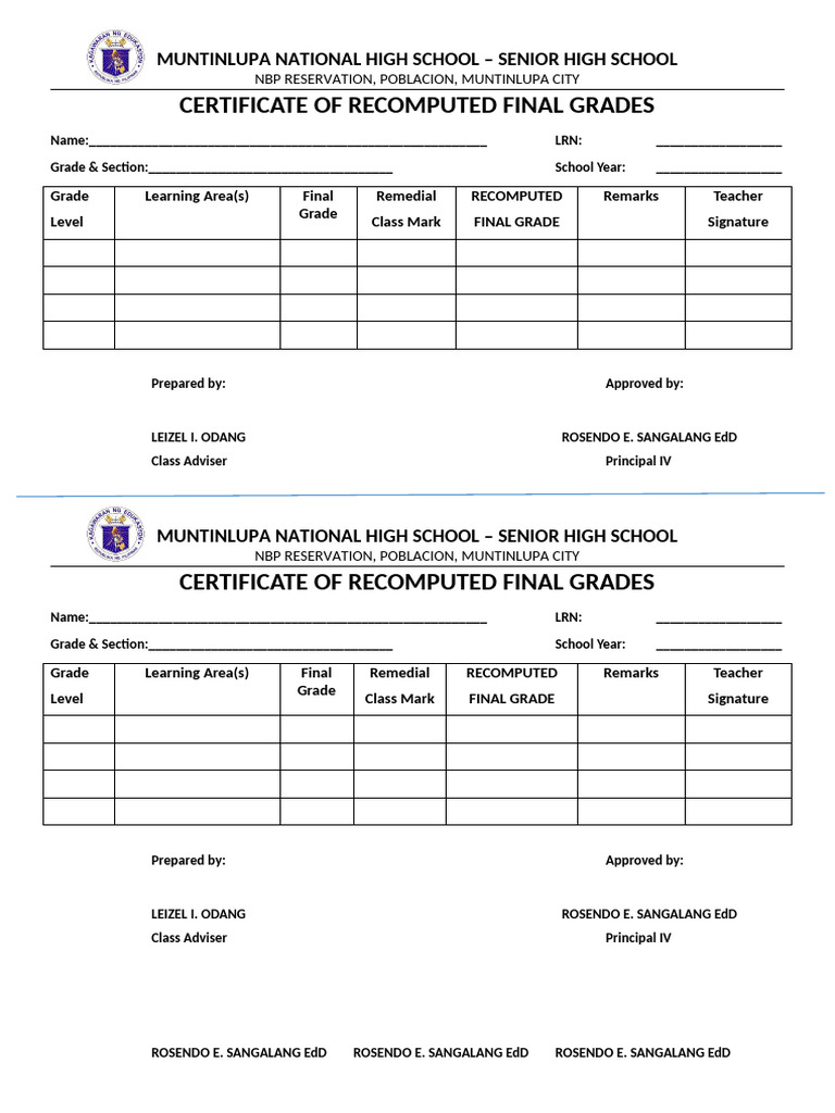 Cert Recomputed Grades | PDF | Schools | Educational Institutions