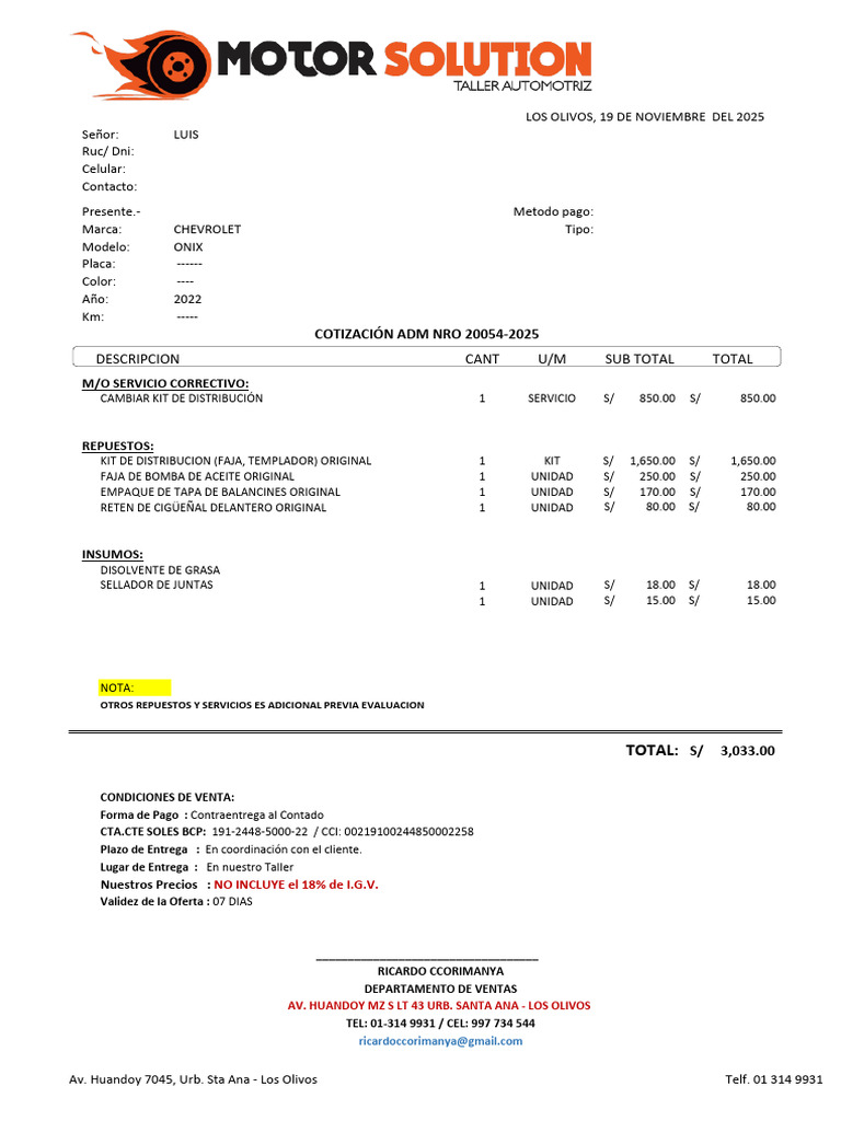 Cotizacion #20054-2025 Chevrolet Onix | PDF