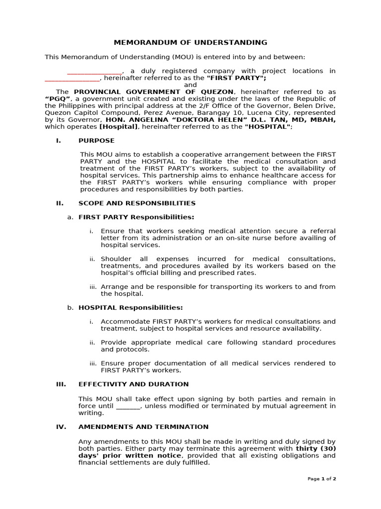 (MOU) Referral-Facilitation of Medical Consultations and Treatment - Template | PDF | Hospital ...