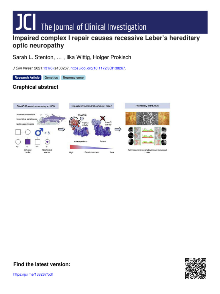 Complex I Repair in Leber's Neuropathy | PDF | Genetics | Biology