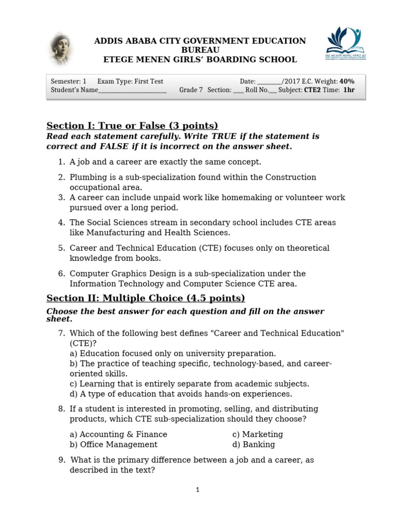 CTE Exam for Grade 7 Students | PDF | Vocational Education | Multiple ...