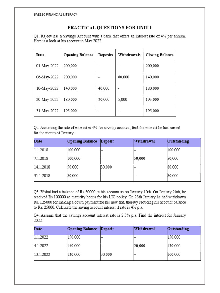 Unit 1 - Practical Questions | PDF | Interest | Financial Services