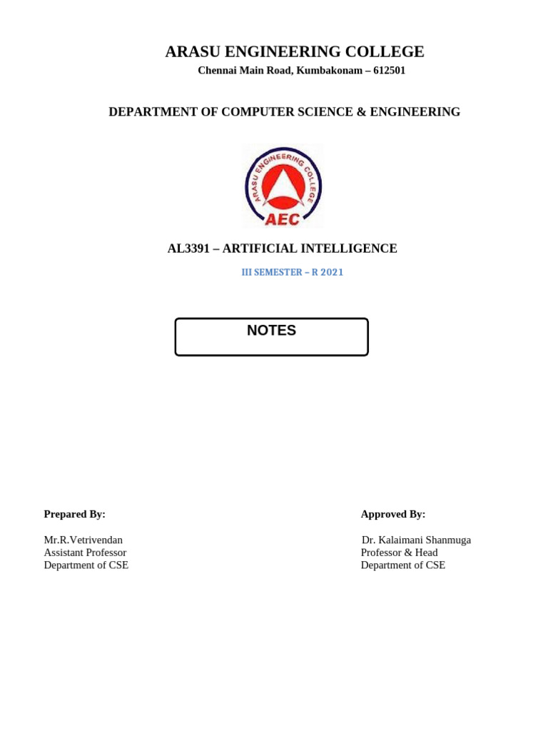 AL3391 Artificial Intelligence Lecture Notes 1 | PDF | Artificial ...