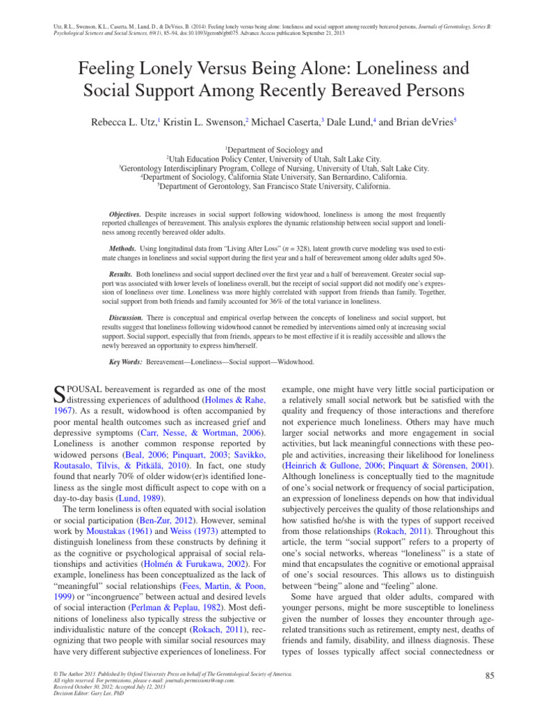 Utz - 2014 - Feeling Lonely Versus Being Alone. | PDF | Loneliness ...