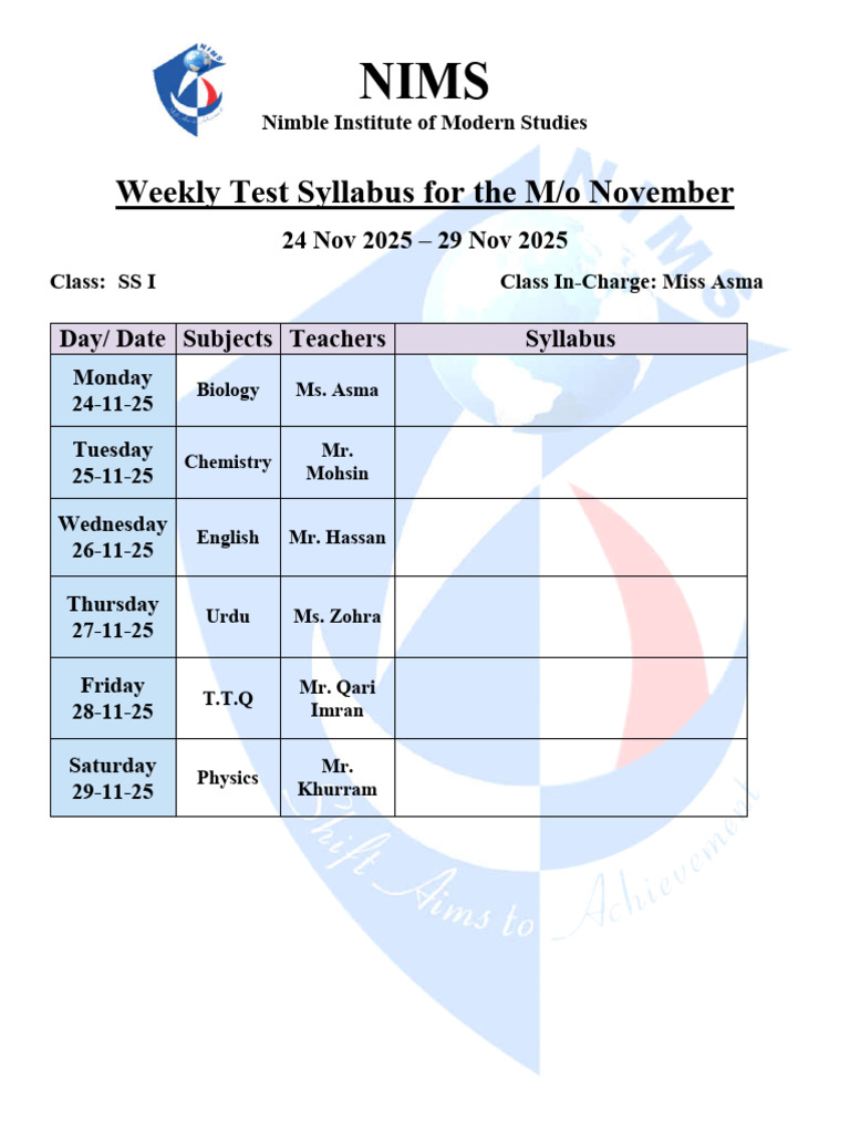 Regular Test Date Sheet 24-29 November PDF | PDF
