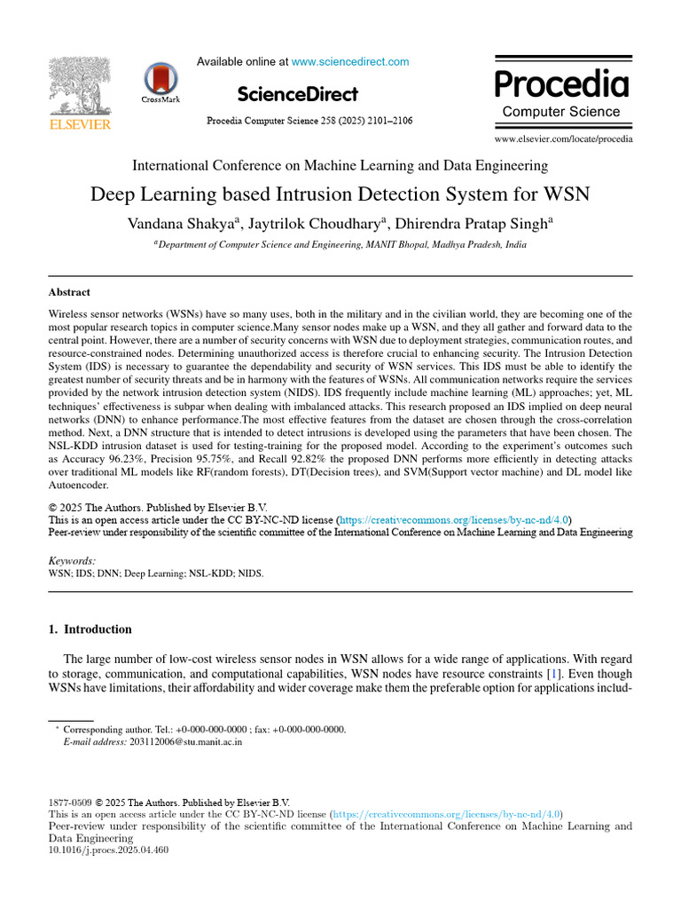 Deep Learning Based Intrusion Detection System For WSN Deep Learning Based Intrusion Detection ...