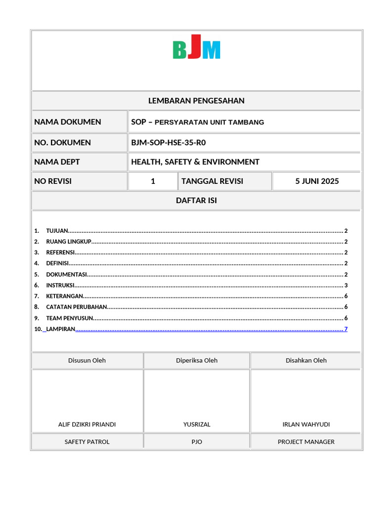 Bjm Sop Hse 35 r0 Persyaratan Unit Tambang Copy | PDF