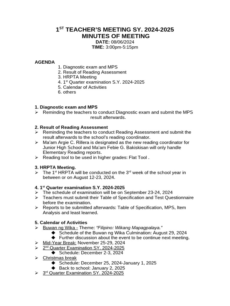 1st Teacher's Meeting Minutes of Meeting | PDF
