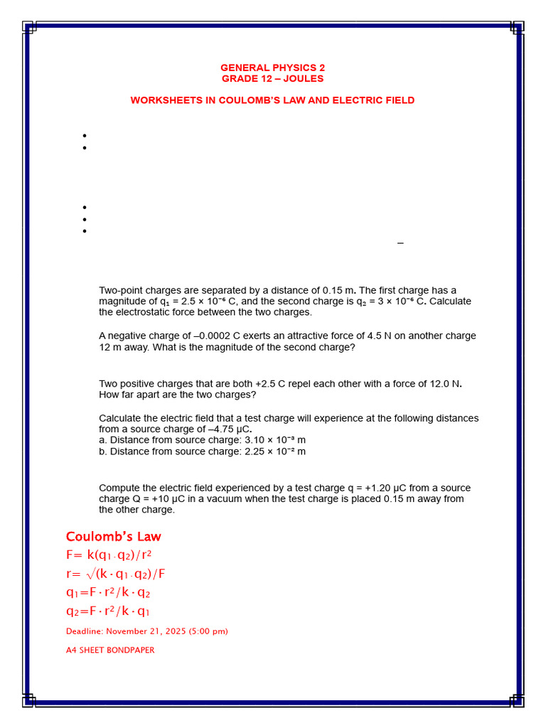 Coulombs Law and Electric Field Ws Joules | PDF