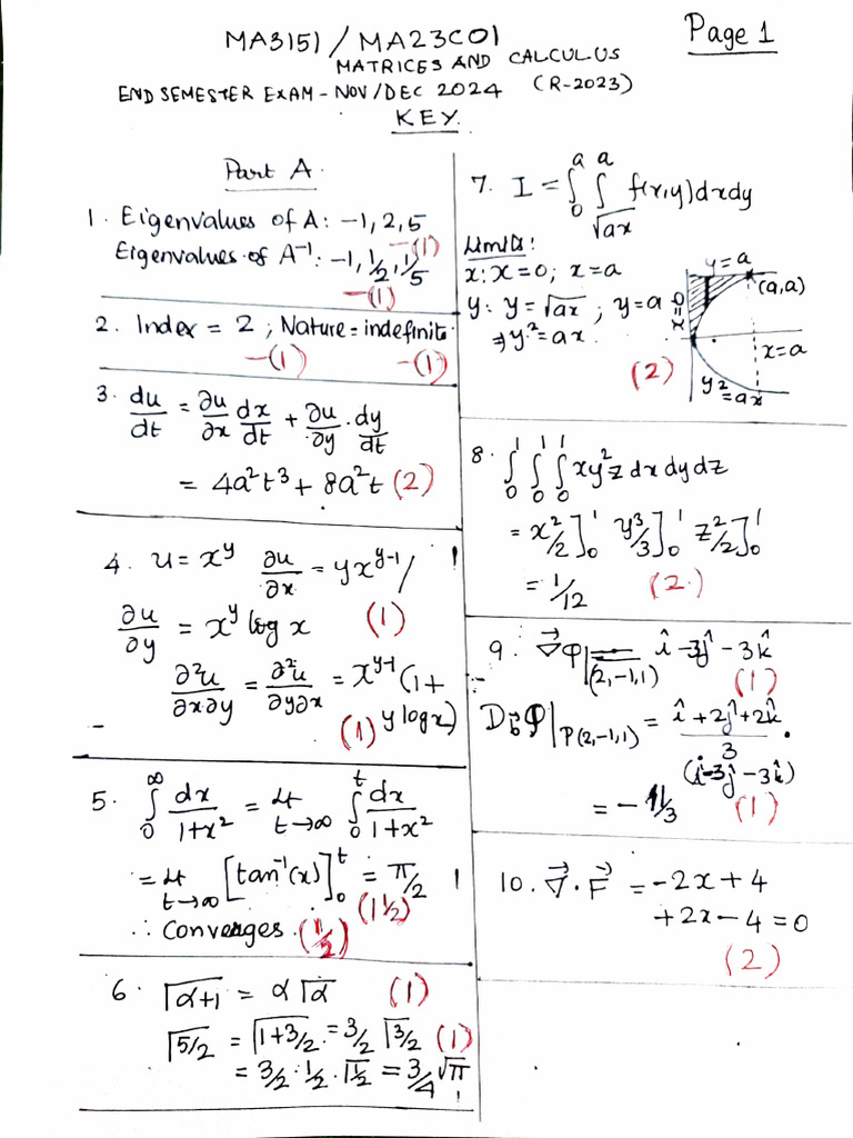 Ma3151-Ma23c01 Endsem Dec 2024 Key | PDF