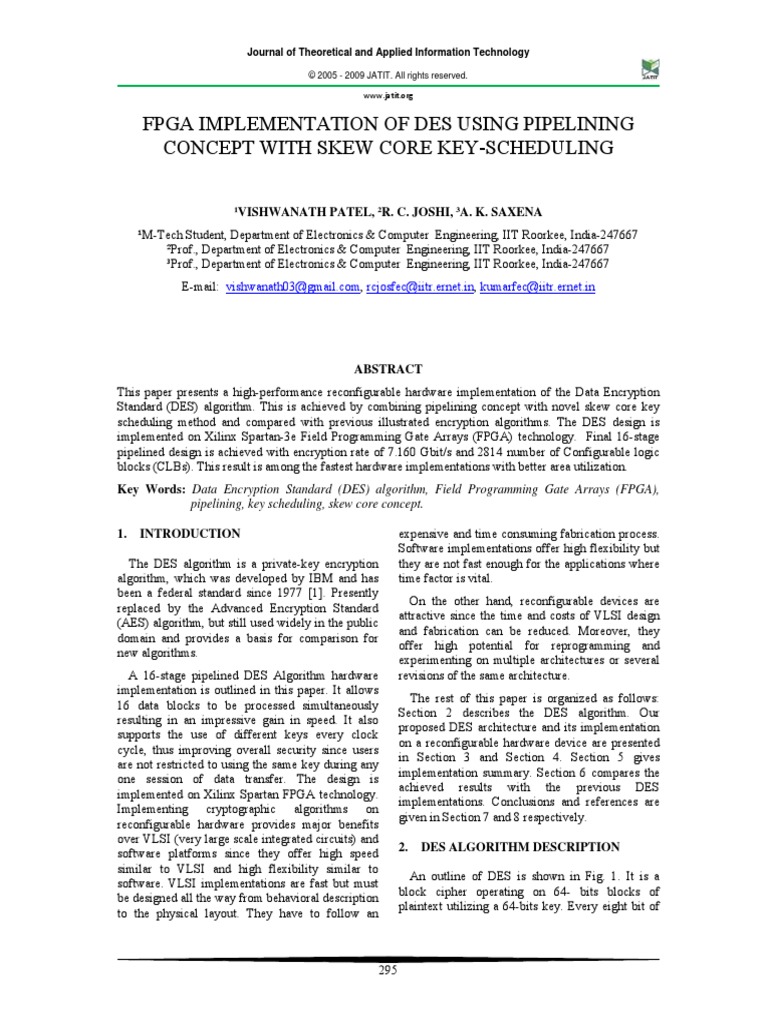 Fpga Implementation Of Des Using Pipelining Concept With Skew Core Key Scheduling Pdf Field