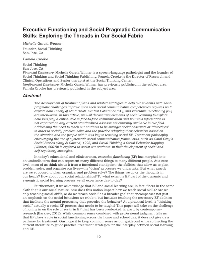Executive Functioning and Social Pragmatic Communication Skills ...