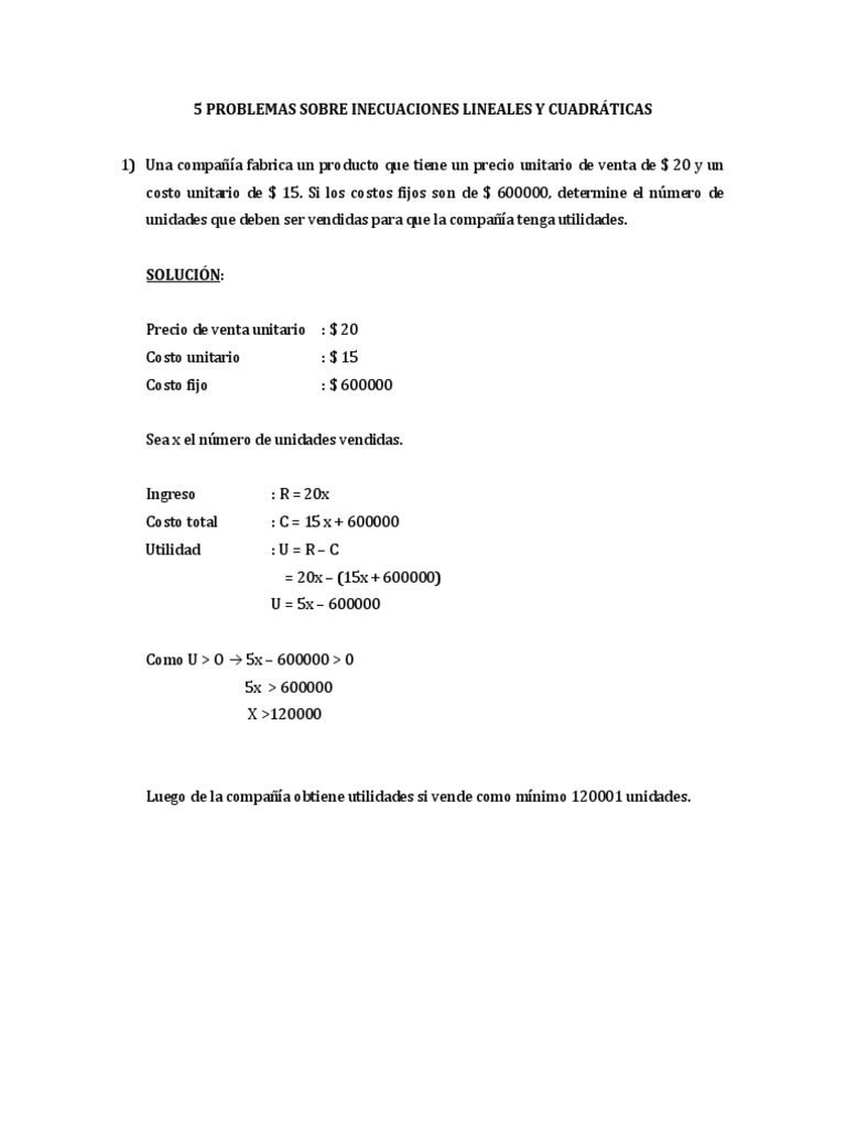 5 Problemas Sobre Inecuaciones Lineales y Cuadráticas | PDF | Ecuaciones | Salario