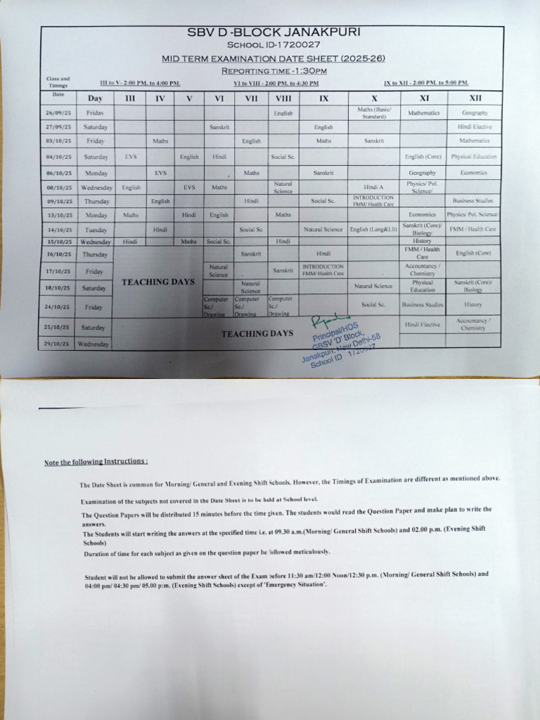 Mid Term Date Sheet 2025 | PDF