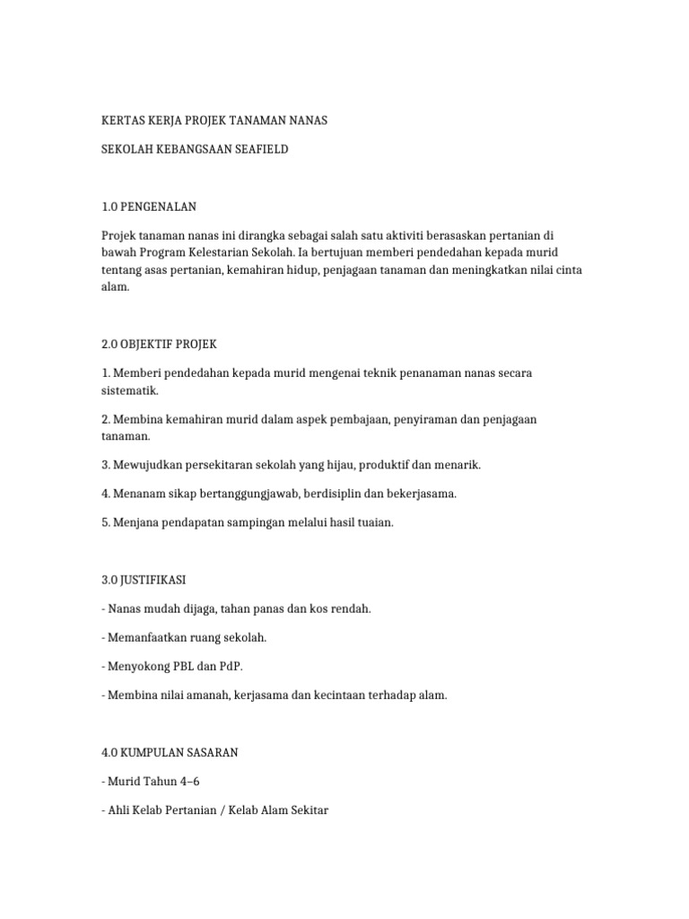 Kertas Kerja Projek Tanaman Nanas SK Seafield | PDF