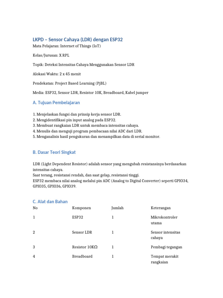 Deteksi Cahaya dengan LDR dan ESP32 | PDF