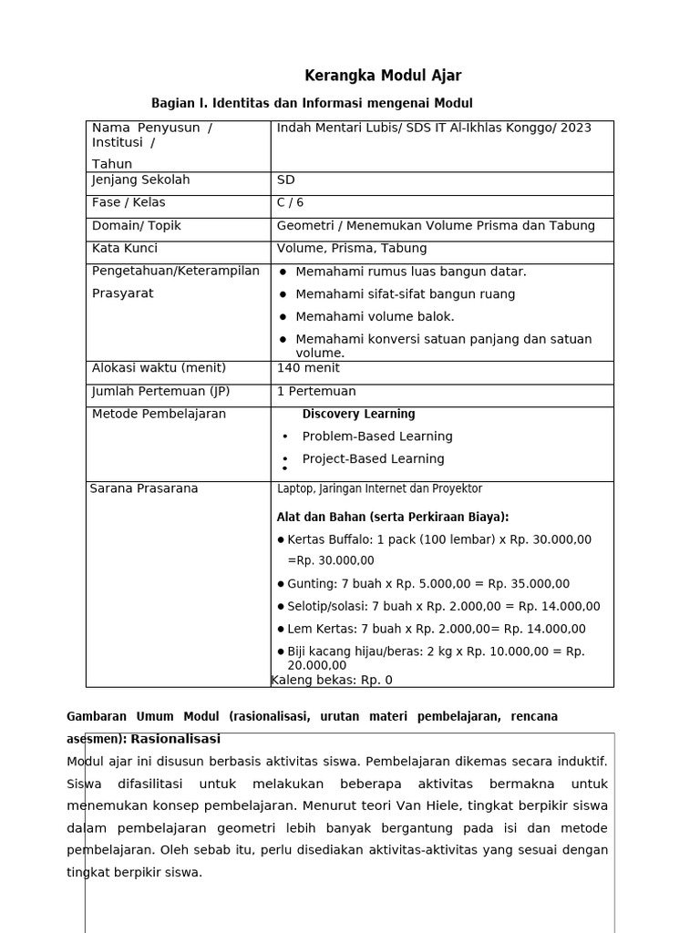 Modul Ajar Geometri: Volume Prisma & Tabung | PDF