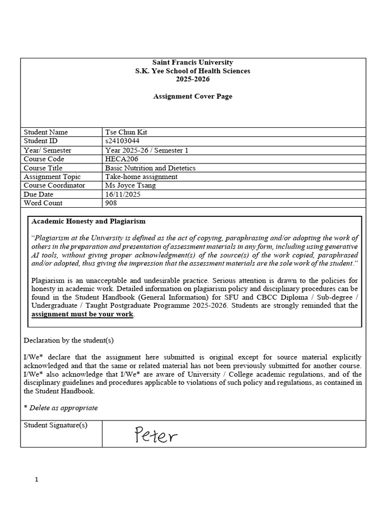HECA206 AY2526 Assignment s24103044 | PDF | Dietary Fiber | Diet ...