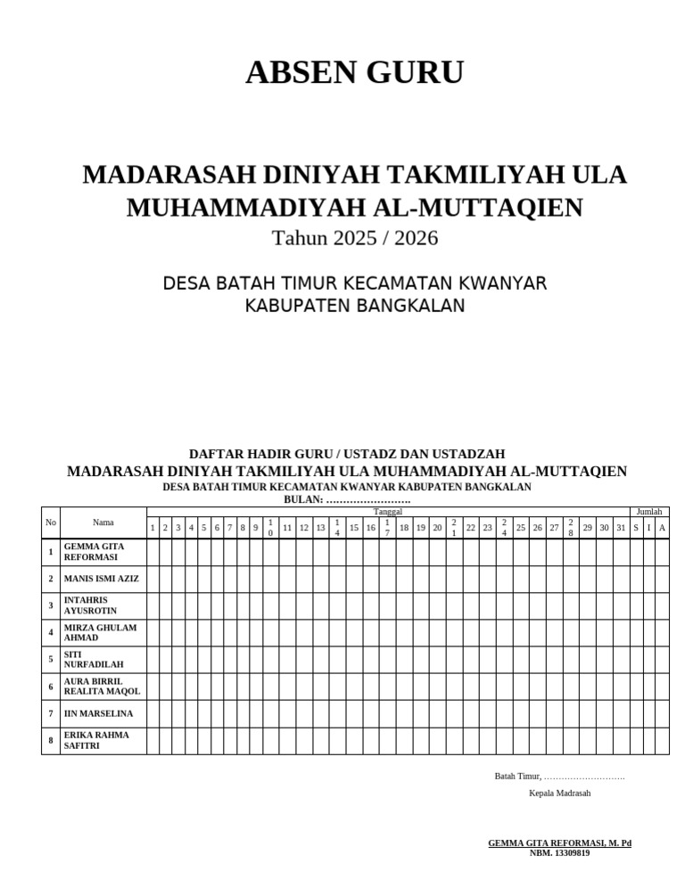 Absen Guru Madim | PDF
