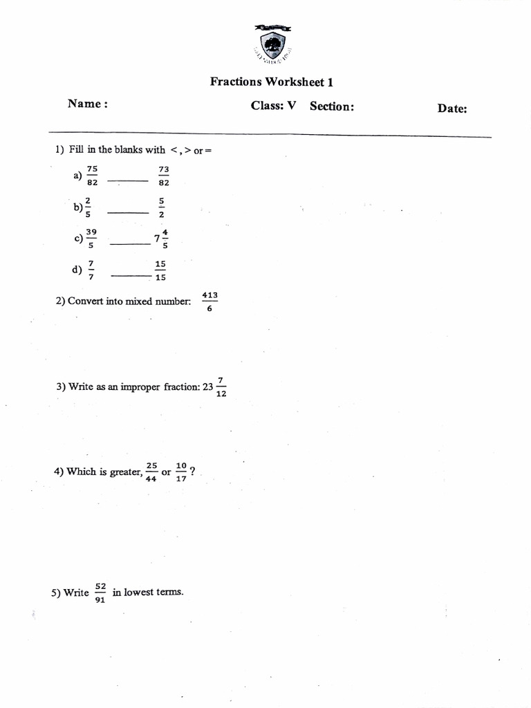 Fractions Worksheet for Grade 5 | PDF