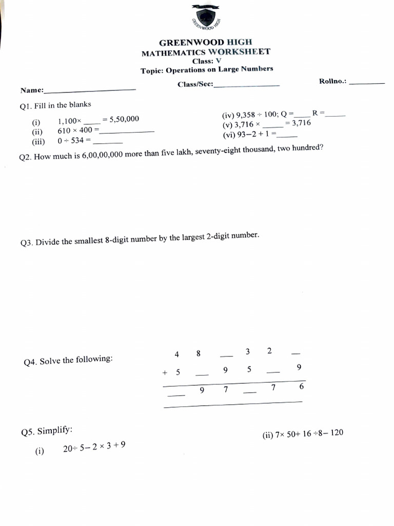 Grade 5 Operations On LN Worksheet | PDF