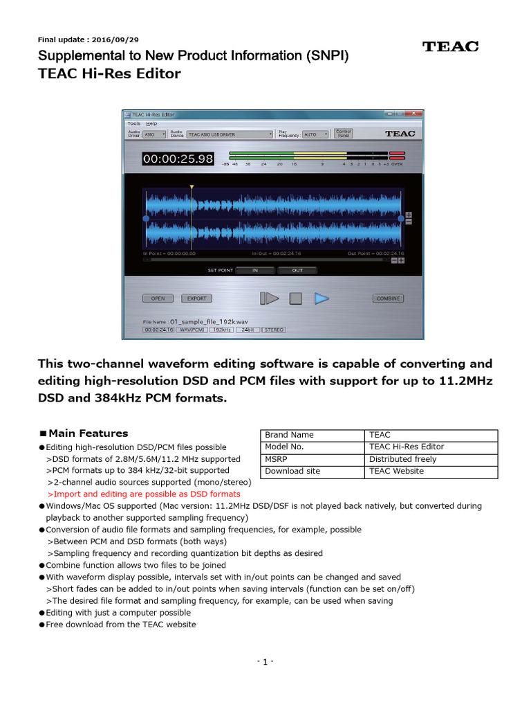 TEAC Hi-Res Editor: DSD/PCM Audio Tool | PDF | Sampling (Signal ...