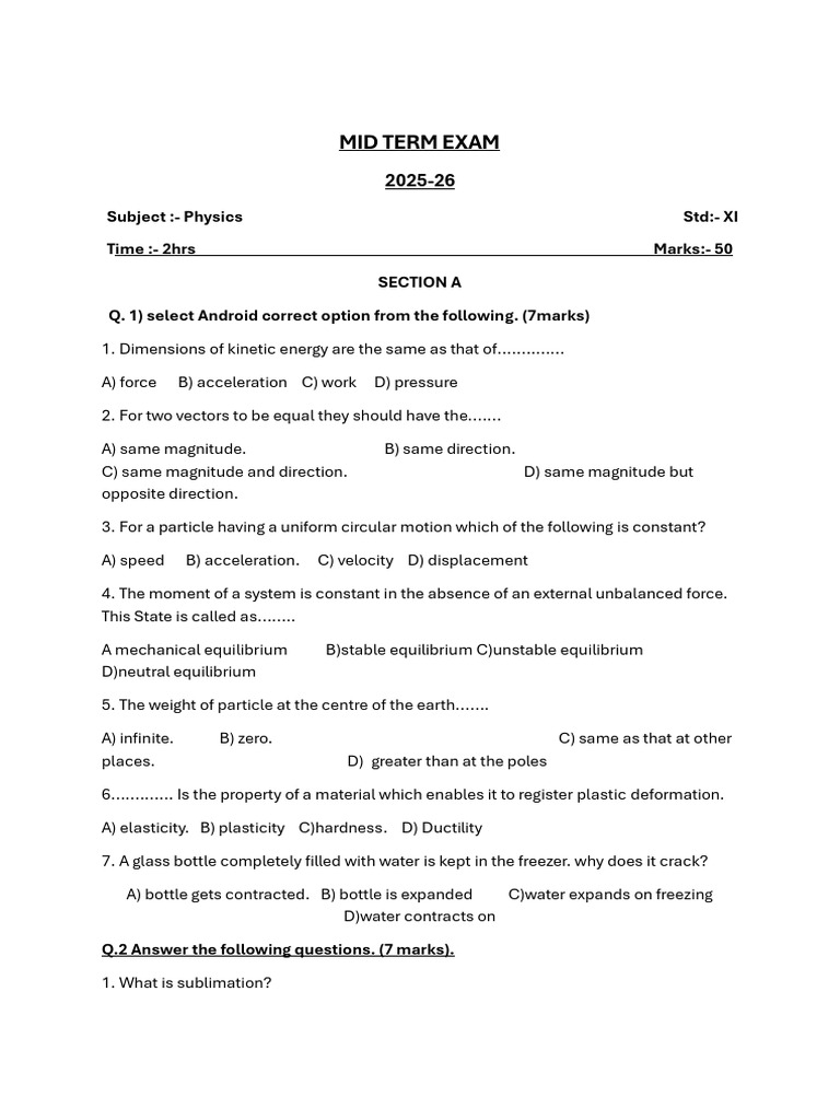 Physics Midterm Exam for Class XI | PDF | Acceleration | Mechanical ...