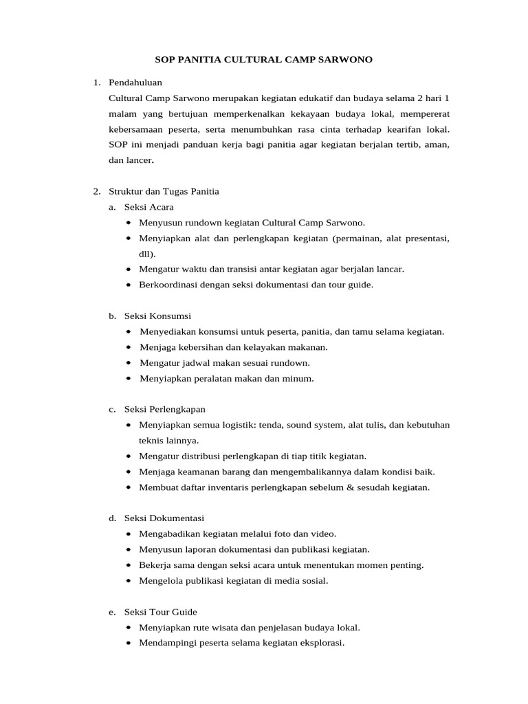 SOP Cultural Camp Sarwono 2023 | PDF