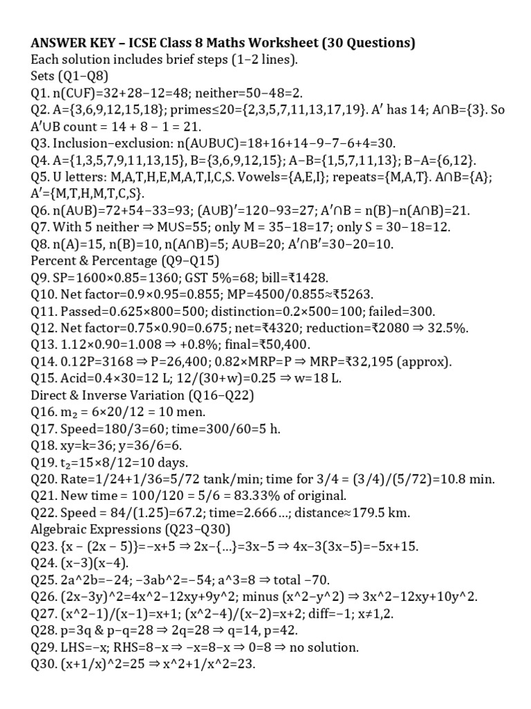 ANSWER KEY - ICSE Class 8 Maths Worksheet (30 Questions) | PDF