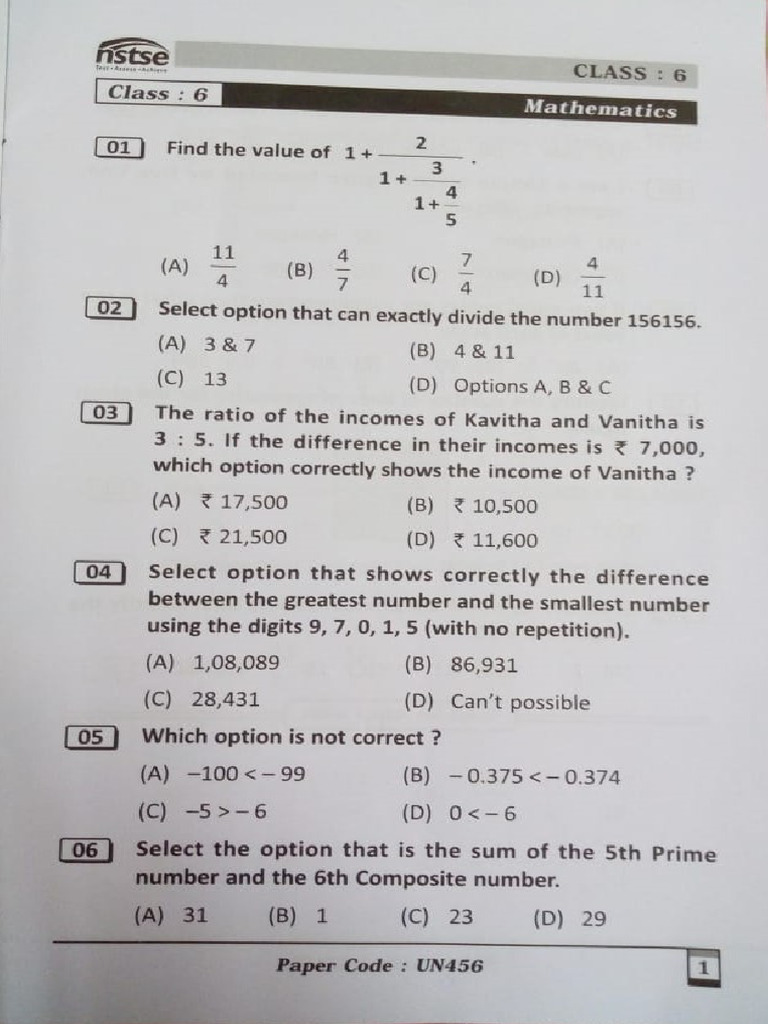 NSTSE Class 6 Paper 2019 Questions | PDF | Prime Number | Numbers