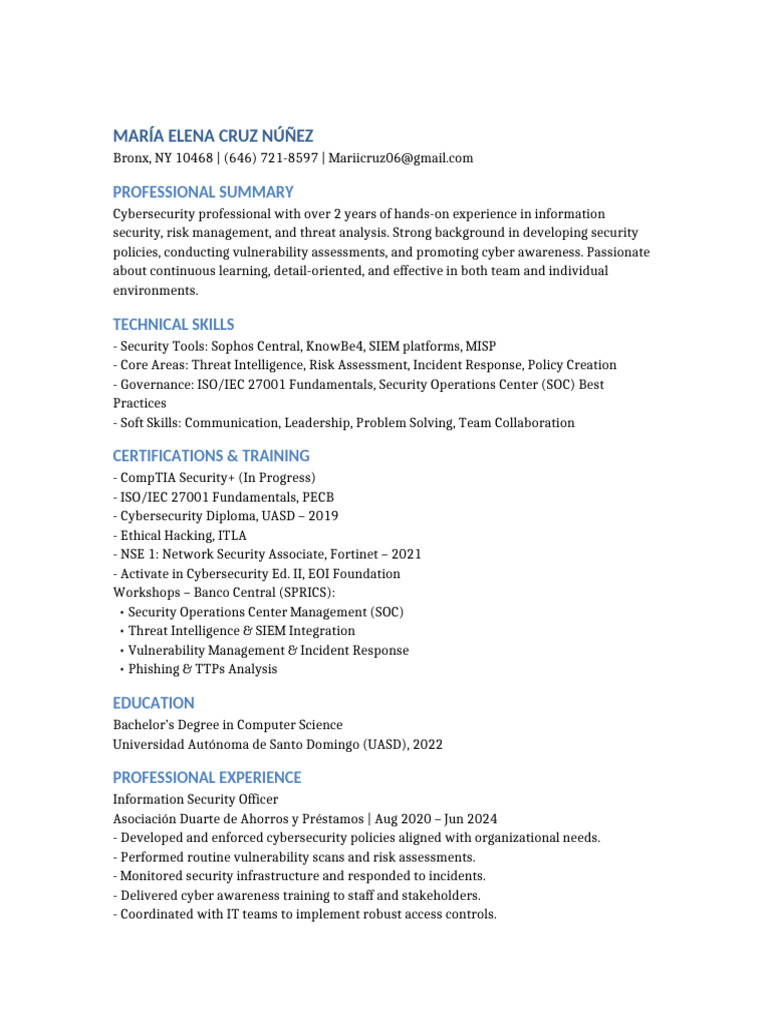 Maria Elena Cruz Cybersecurity Resume | PDF