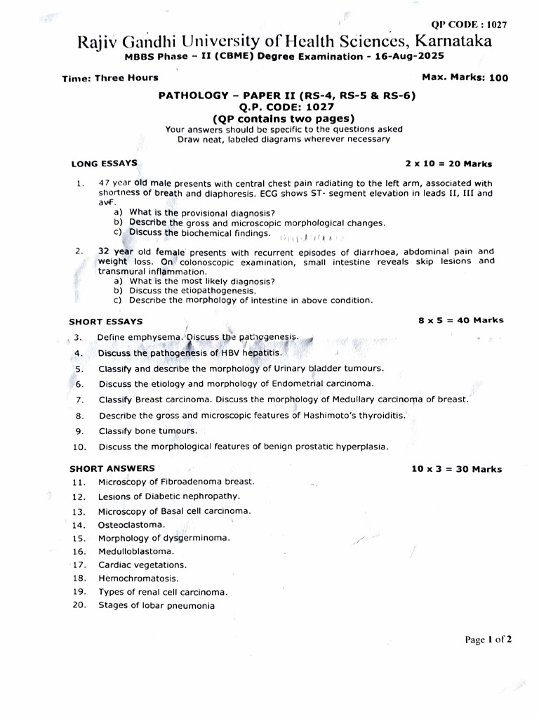 Pathology Exam Questions for MBBS 2025 | PDF | Carcinoma | Cancer