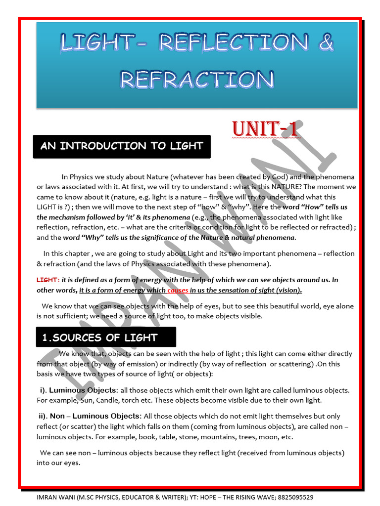 10th Physics Notes Light | PDF | Mirror | Refraction