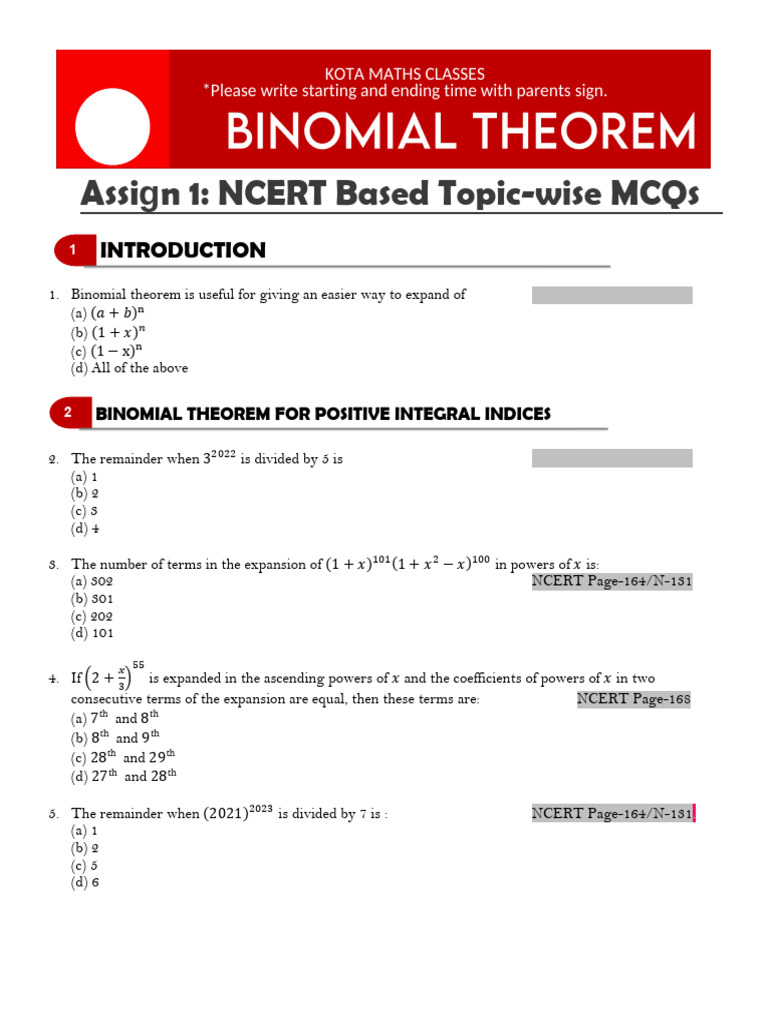 Assign Binomial Theorem | PDF | Discrete Mathematics | Mathematical ...