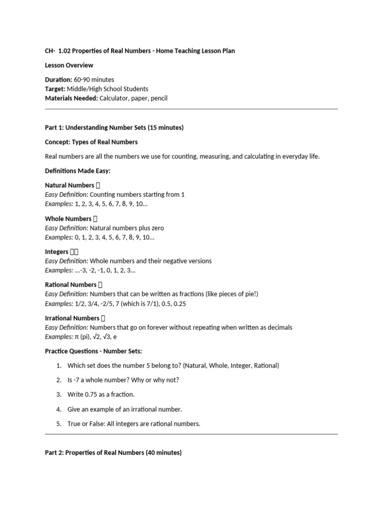 Ch-1.02 Lesson Plan Properties of Real Numbers | PDF | Numbers | Real ...