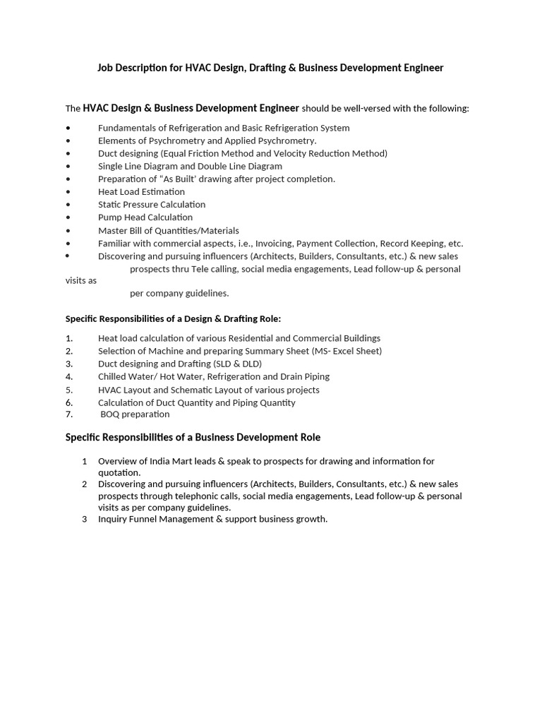 Job Description For HVAC Design Drafting & Business Development ...