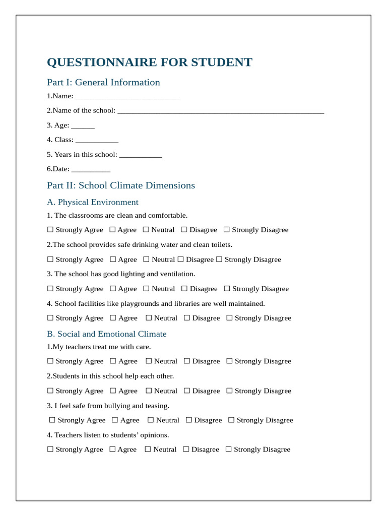 Student School Climate Questionnaire | PDF