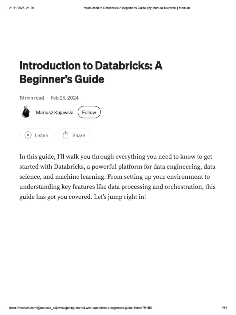 Medium Article Getting Started with Azure Databricks | PDF