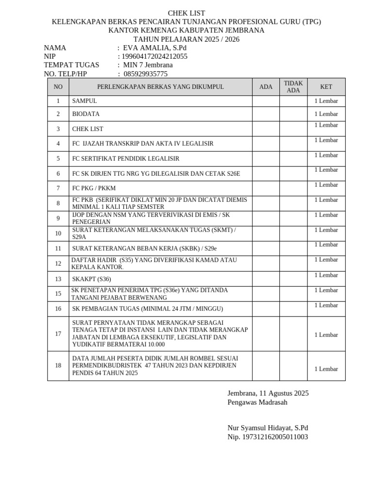 Checklist Berkas TPG Guru 2025/2026 | PDF