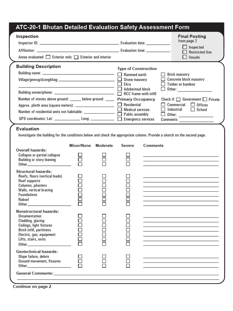 Bhutan ATC-20-1 Safety Assessment Form | PDF | Wall | Building Engineering