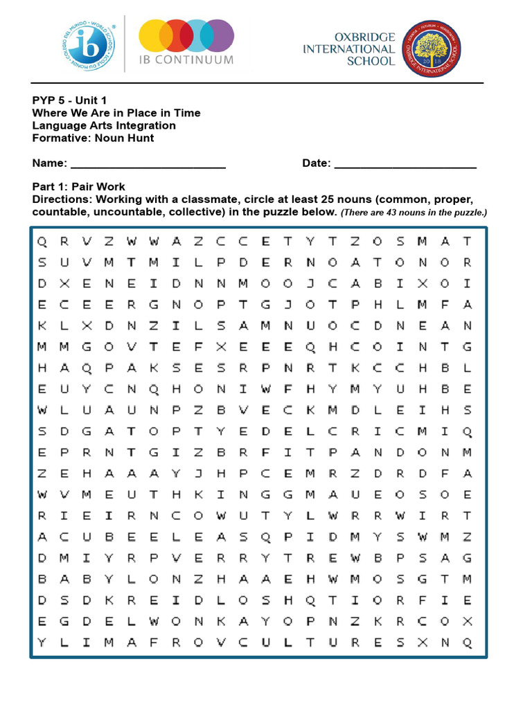 Noun Hunt Activity for PYP 5 Language Arts | PDF