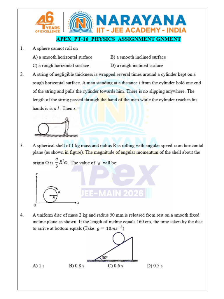 Apex Jeemain - 2026 - Physics - PT-16 - Assignment - F | PDF | Rotation Around A Fixed Axis ...