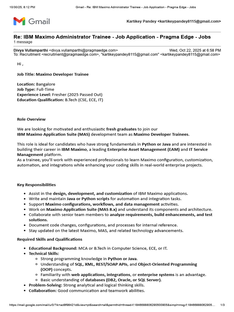 Gmail - Re - IBM Maximo Administrator Trainee - Job Application ...