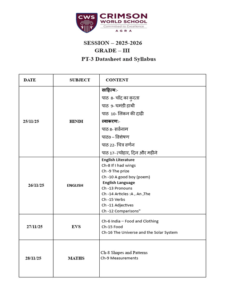 Grade - III PT-3 Syllabus and Datesheet | PDF