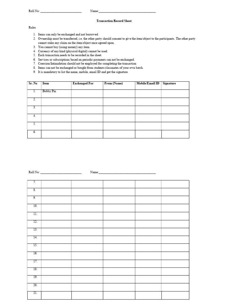 BP Activity - Transaction Sheet - Participant (Individual Assignment) | PDF