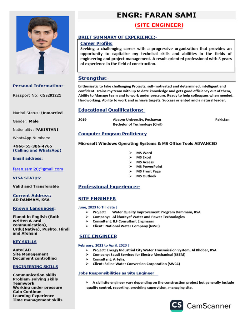 Civil Engineer Resume for Faran Sami | PDF | Specification (Technical ...